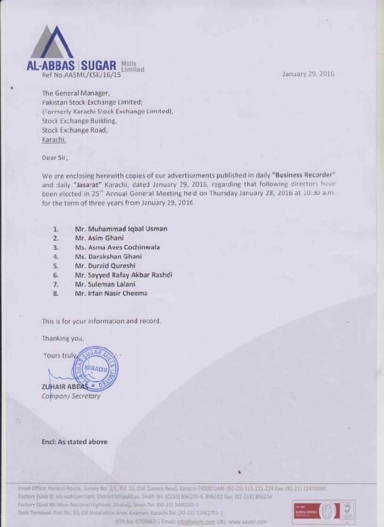 Letter to Stock Exchange | Al Abbas Sugar Mill